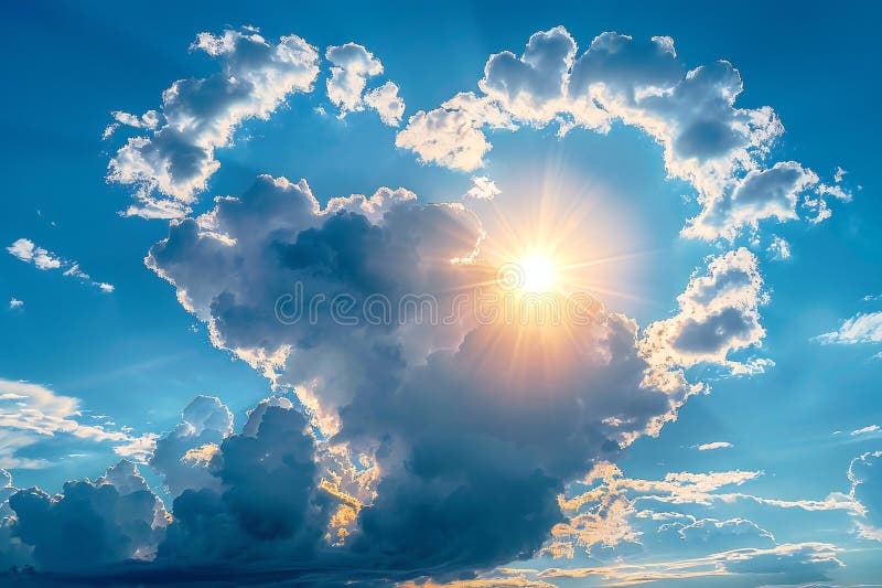 Heart Shaped Clouds in the Blue Sky with the Sun Shining through Them. Stock Illustration ...