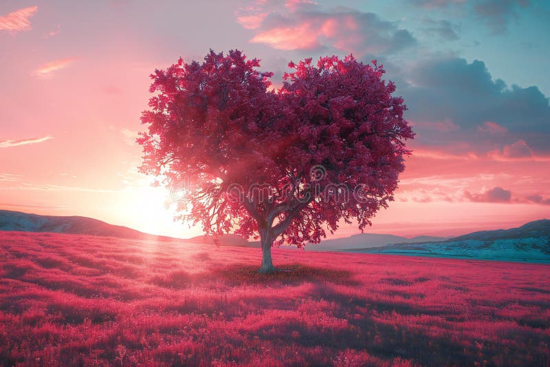 A Heart Shaped Tree in a Pink Field at Sunset, High Quality, High ...