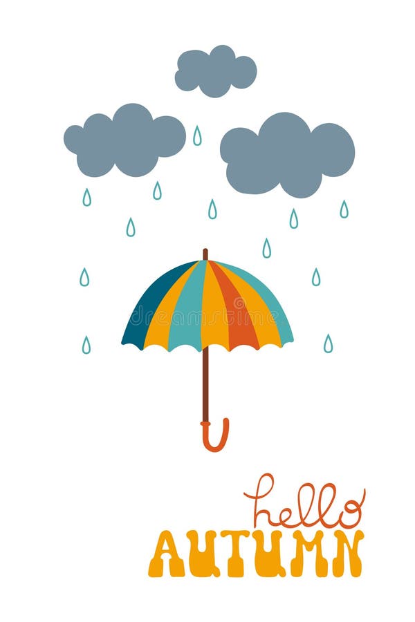Illustration Hello Autumn with Umbrella and Rain Stock Vector ...