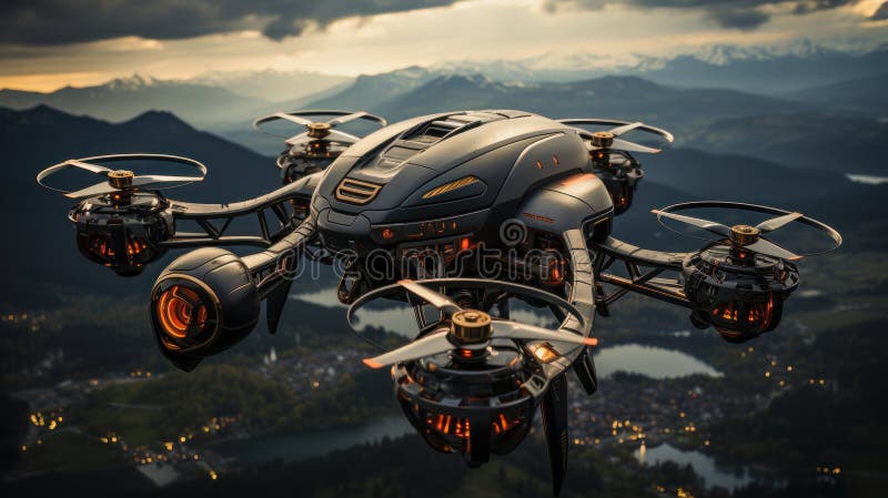 Illustration of High Tech Drone Flying Over a Mountain Landscape Stock ...