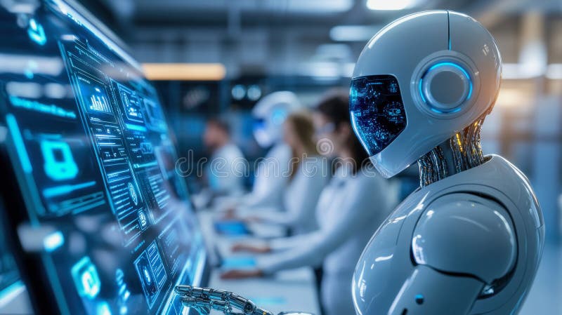 Illustration of High Tech Roboter Working Together with Scientists ...