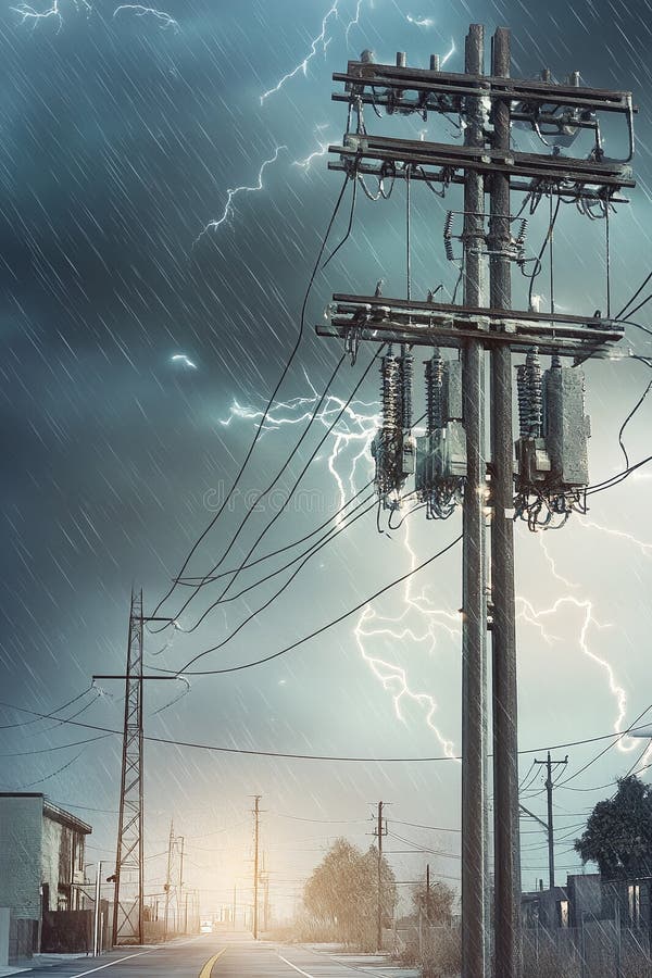 Illustration of a High-voltage Power System Damaged by a Storm with ...