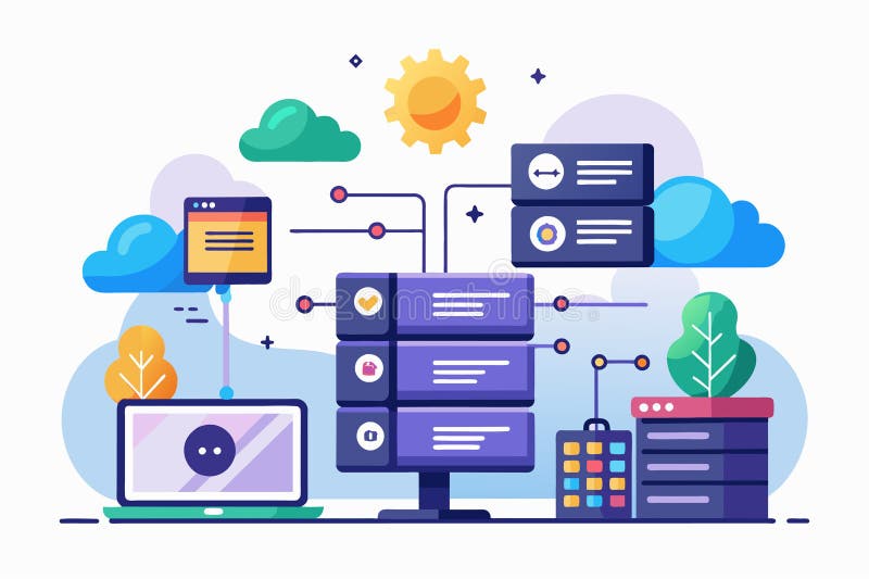 This Illustration Highlights Web Hosting with Servers, a Laptop, and ...