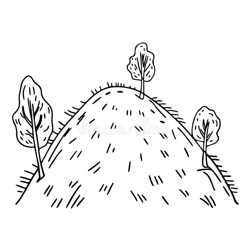 Hand-drawn Hill with Three Trees in Artistic Black and White Style ...
