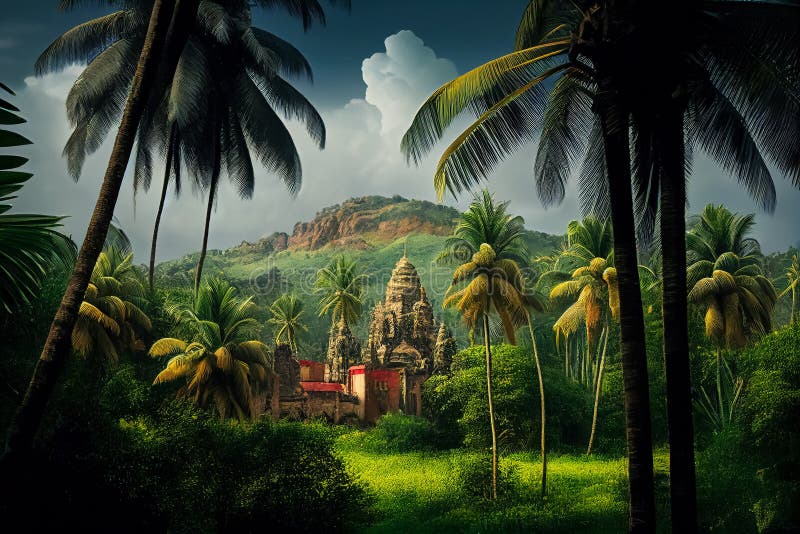 Illustration of Hindu Temple in a Village between Palm Trees, AI ...