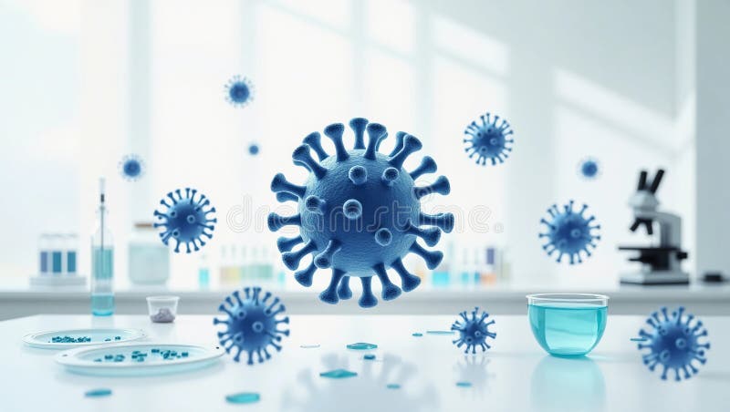 Illustration of HMPV Virus Floating on a Blurry Microscope Background ...