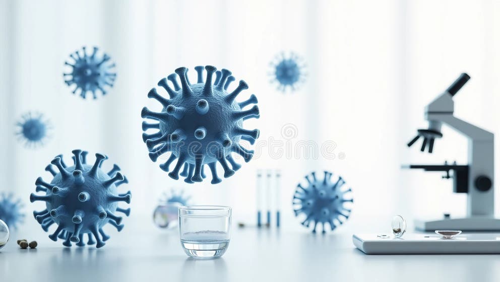Illustration of HMPV Virus Floating on a Blurry Microscope Background ...