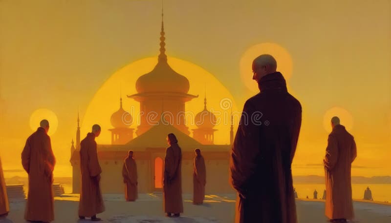 Holy monks at dawn stock illustration. Illustration of holy - 280487862