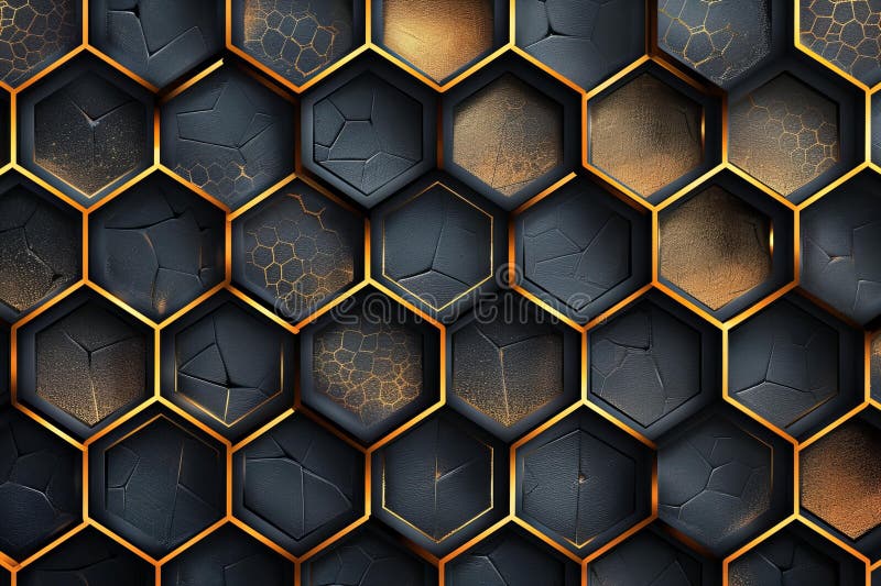 Illustration of Honeycomb Pattern with Golden Lines on Black Background ...