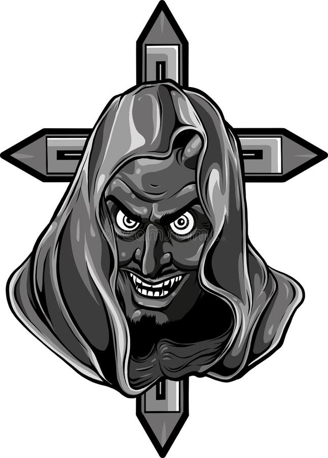 Monochromatic Illustration of Hooded Devil Head with Cross Stock Vector ...