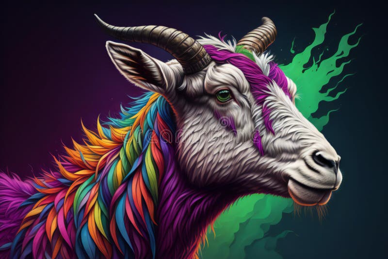 Illustration of a Horned Goat on a Dark Background with Colorful ...