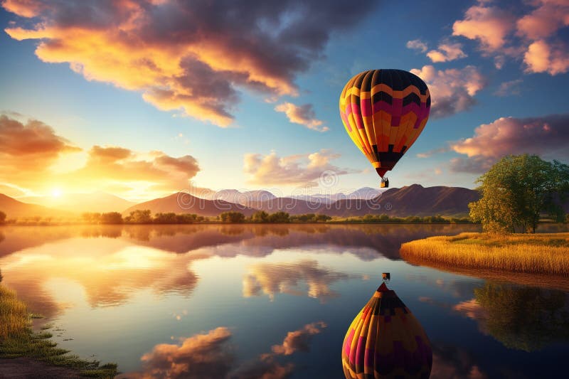 Illustration of a Hot Air Balloon Over a Water on Sunset. Generative AI ...