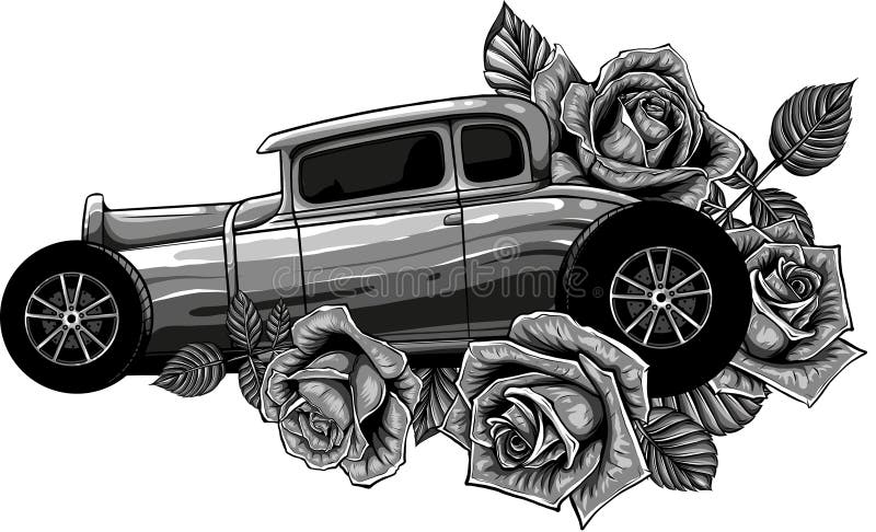 Monochromatic Illustration of Hot Rod Car with Roses Stock Vector ...