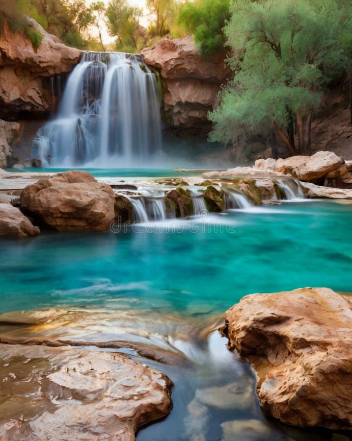 An Illustration of a Hot Spring in a River with a Waterfall and Coral ...