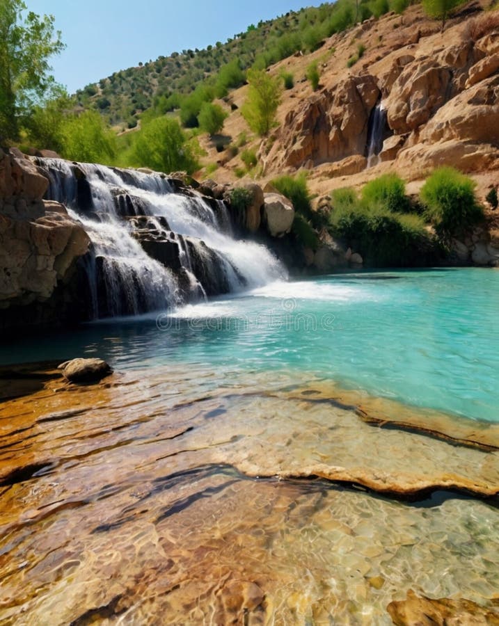 An Illustration of a Hot Spring in a River with a Waterfall and Coral ...