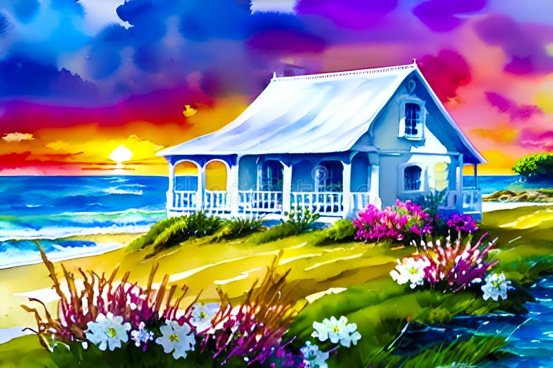 Illustration of a House on the Beach at Sunset Stock Illustration ...