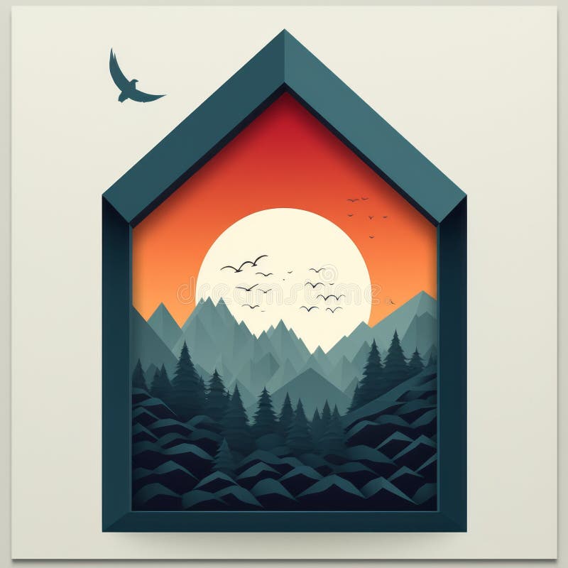 An Illustration of a House with a Bird Flying Over the Mountains Stock ...