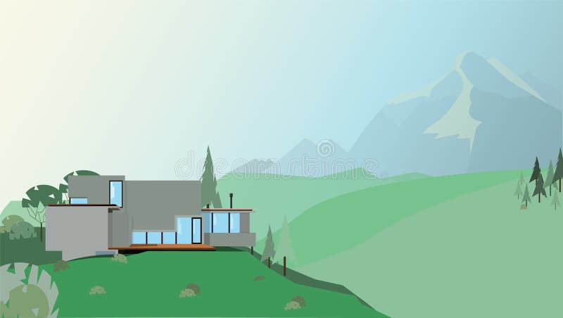 Idyllic Cartoon House With Mountains In Background Stock Vector ...