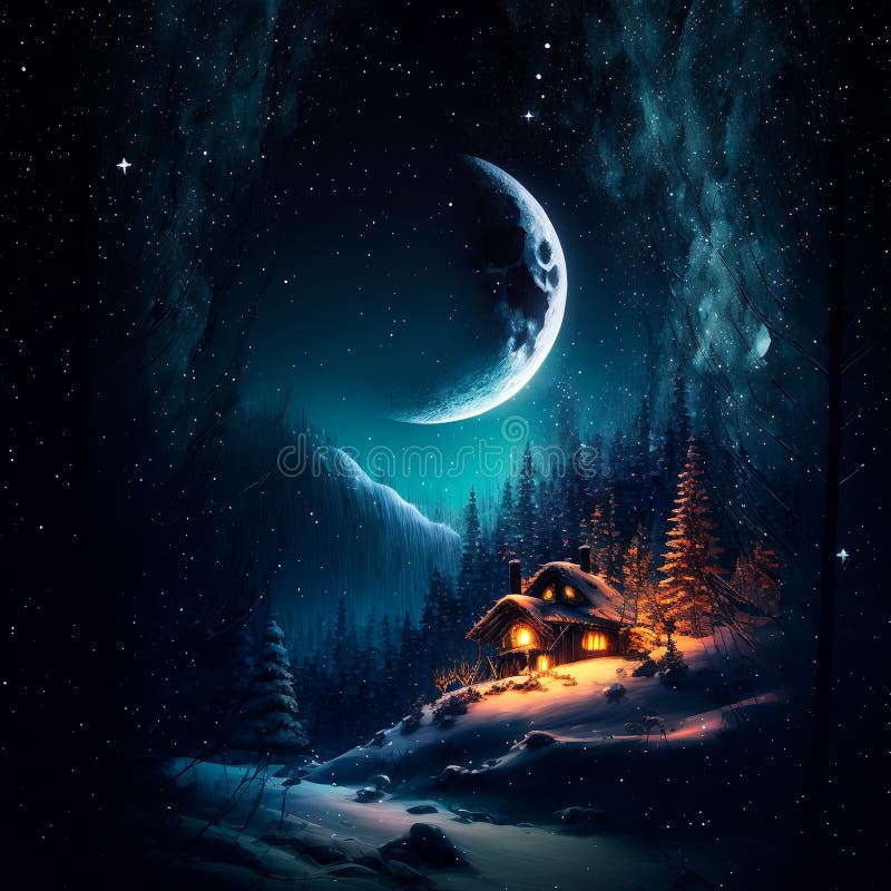 Illustration of a House in a Night Forest among Tall Trees in the ...