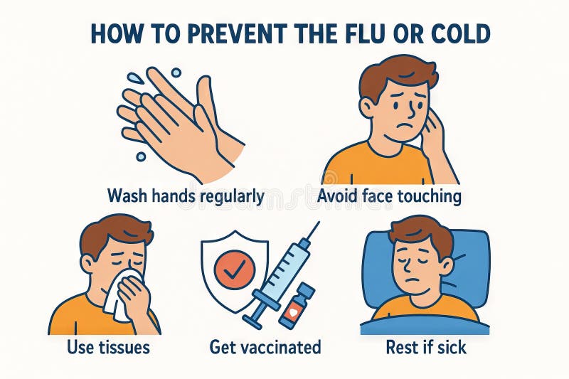 Illustration on How To Prevent the Flu or Cold: Handwashing, Avoiding Face Touching, Using ...
