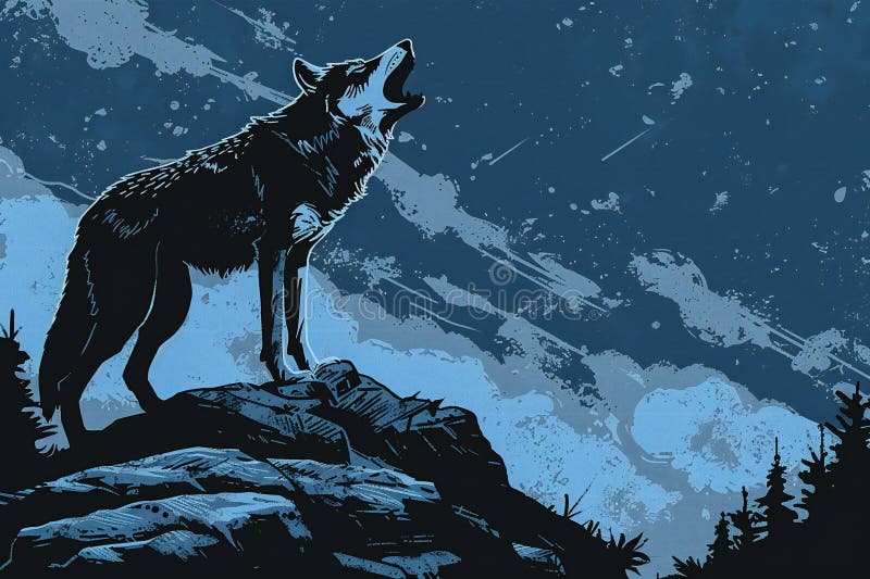 Illustration of Howling Wolf on the Rock in the Mountains Stock ...
