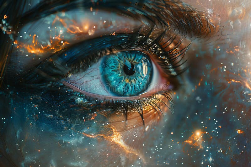 Illustration of Huge Eye in Space, Nebula Background, Turquoise Blue ...