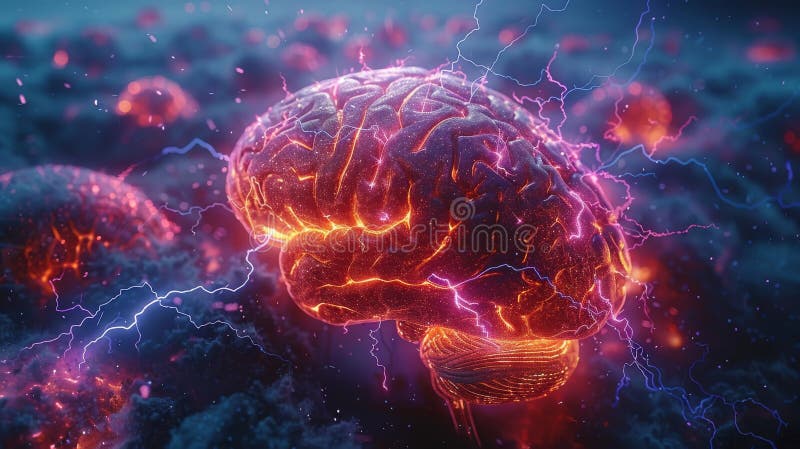 An Illustration of a Human Brain with Electrical Activity, Flashes, and ...