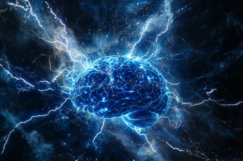 An Illustration of the Human Brain with Electrical Currents, Flashes ...