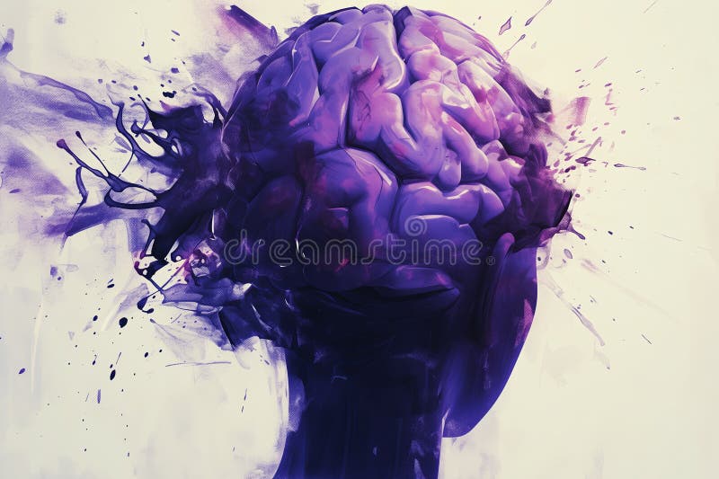 Illustration Human Brain Head Exploding Purple Splatters White Backdrop ...