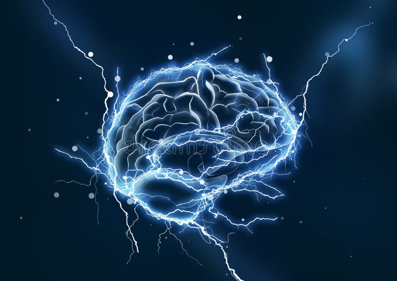 Illustration of Human Brain with Lightning Strikes on Dark Blue ...