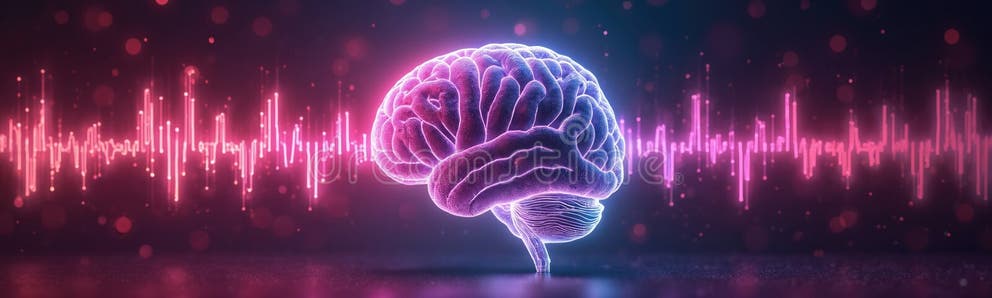 Illustration of Human Brain with Waveform. Pink Brain Highlighted on ...