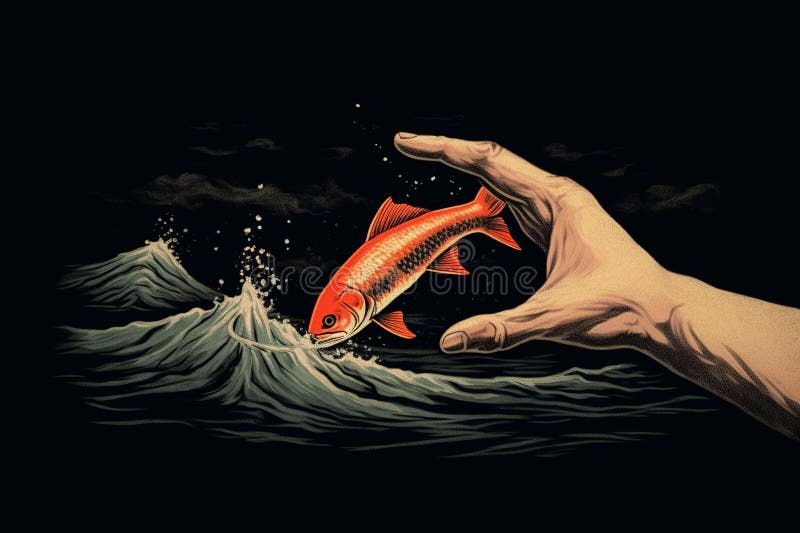 Illustration of a Human Hand is Picking Up a Fish from, Generative Ai ...