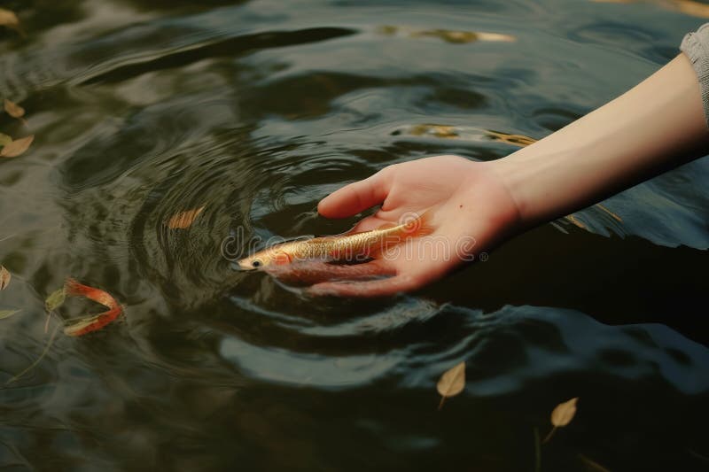 Illustration of a Human Hand is Picking Up a Fish from, Generative Ai ...
