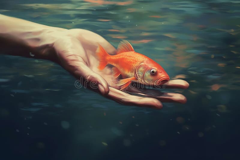 Illustration of a Human Hand is Picking Up a Fish from, Generative Ai ...