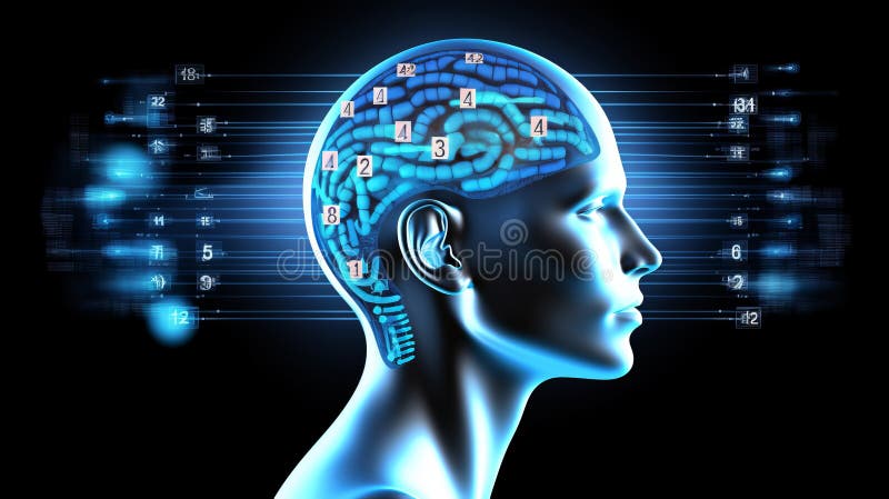 An Illustration of a Human Head with Glowing Numbers in the Brain ...