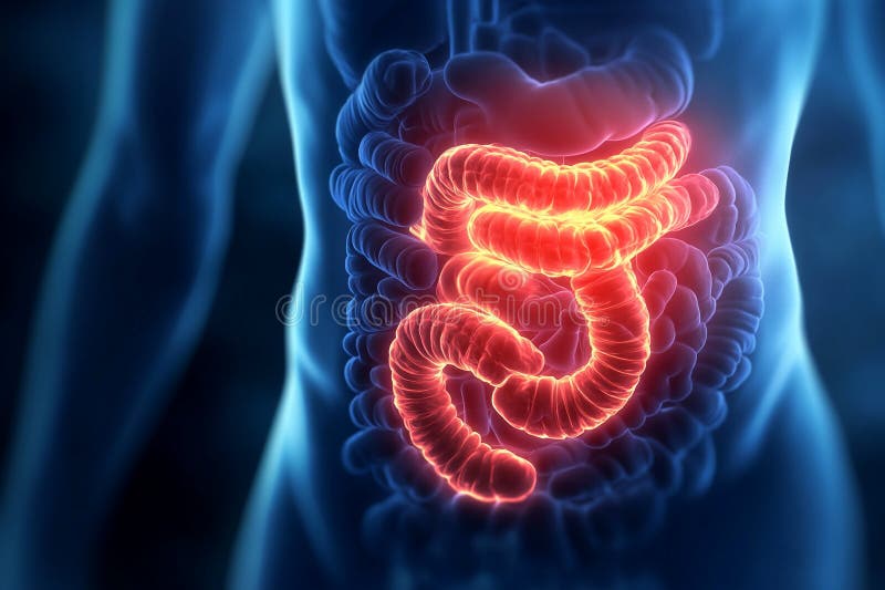 An Illustration of the Human Intestine Tract, Highlighted in Red ...