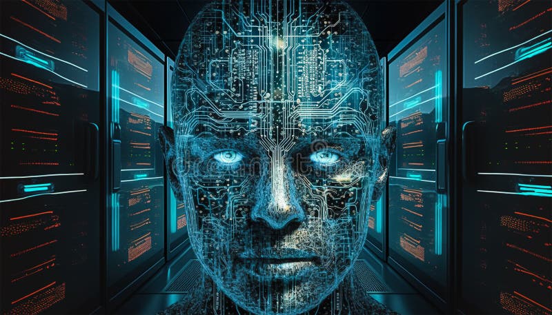 Illustration of Human-like Artificial Intelligence Head with Electronic ...