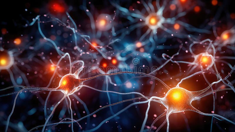 Illustration of a Human Nerve Cell on a Dark Blue Background with Light ...