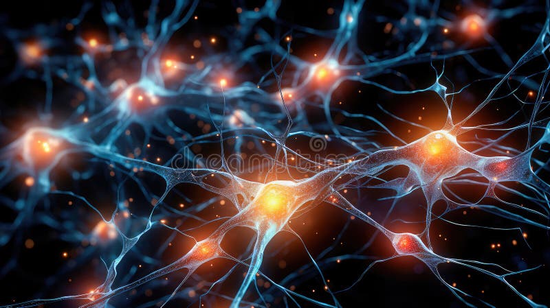 Illustration of a Human Nerve Cell on a Dark Blue Background with Light ...
