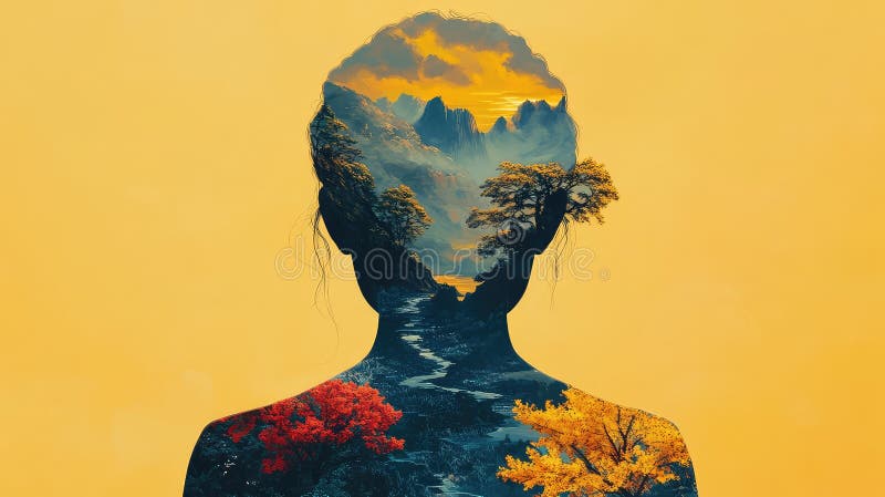 Illustration of a Human S Back with a Landscape Depiction Stock ...