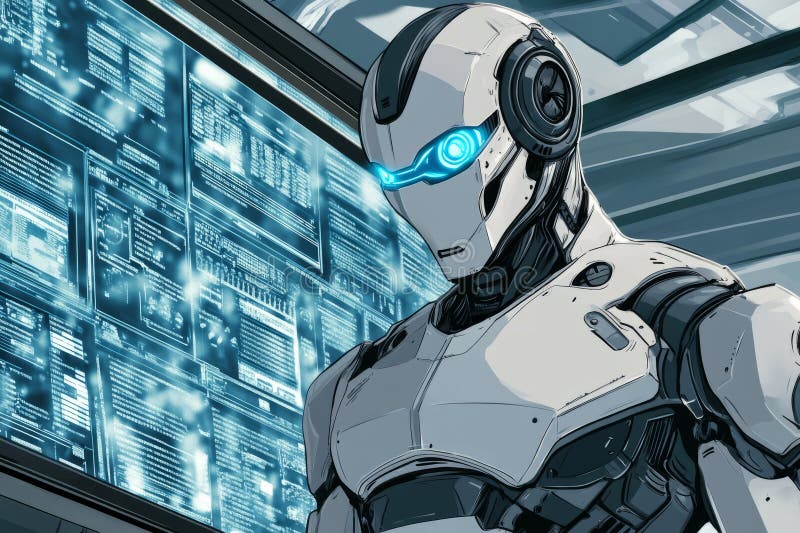 Illustration Humanoid Robot Polished Silver Exterior Standing Front ...