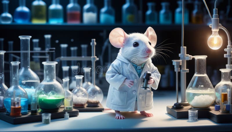Illustration of a Humanoid White Mouse in a Lab Coat Studying and ...