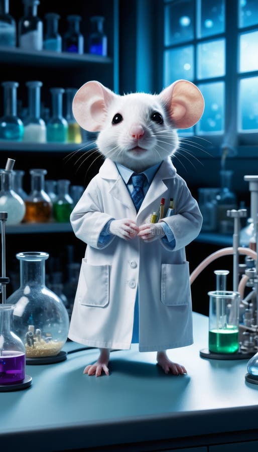 Illustration of a Humanoid White Mouse in a Lab Coat Studying and ...
