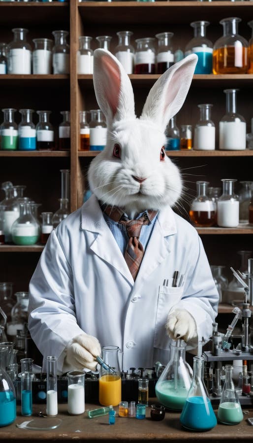 Illustration of a Humanoid White Rabbit in a Lab Coat Studying and ...
