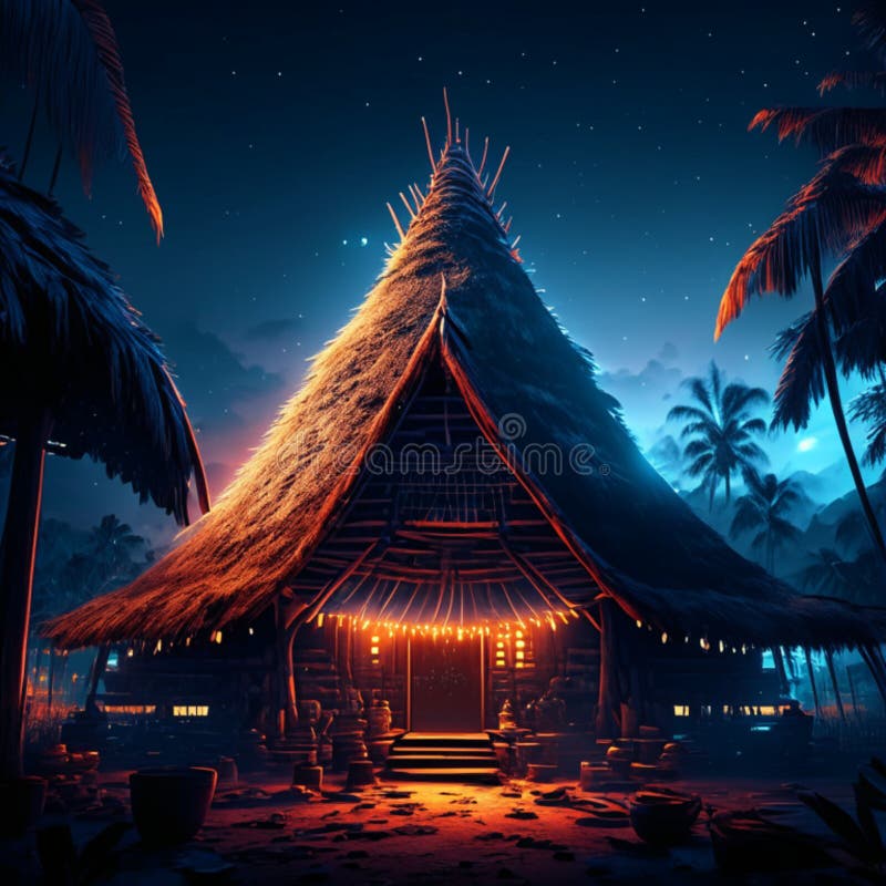Illustration of a Hut in the Jungle at Night. 3d Rendering Generative ...