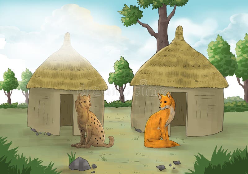 Illustration of Hyena and Fox Looking at Each Other in Front of the ...