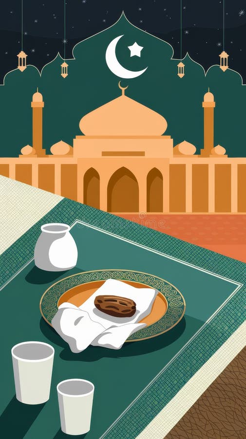 Iftar Setting with and Date Milk on Prayer Mat Near Mosque Under a ...