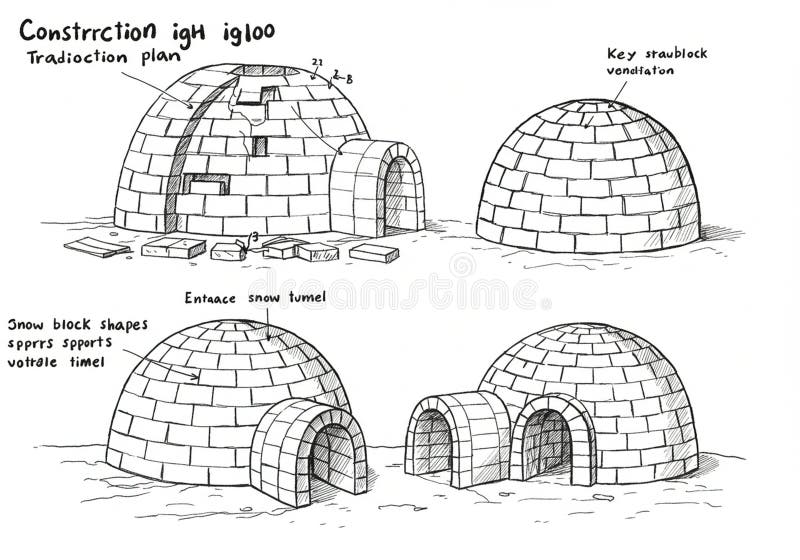 Illustration of Igloo Construction Details. Depicts Various Stages and ...