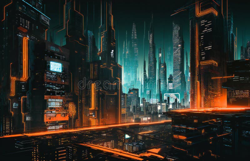 Illuminated Futuristic City in the Night. AI Generated. Stock ...