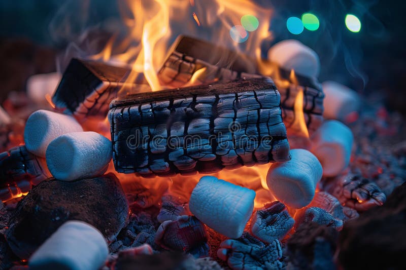 Illustration of Close Up of Marshmallows on Fire with Blue and Green ...